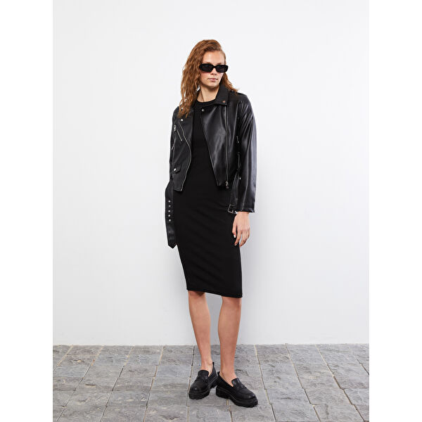 Biker Yaka Düz Uzun Kollu Kadın Deri Görünümlü Mont