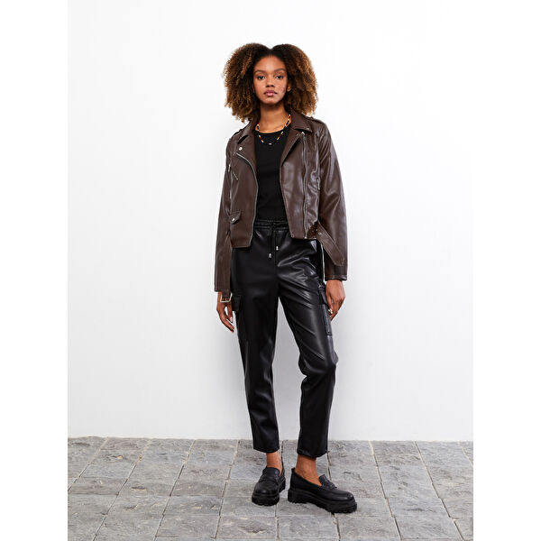 Biker Yaka Düz Uzun Kollu Kadın Deri Görünümlü Mont