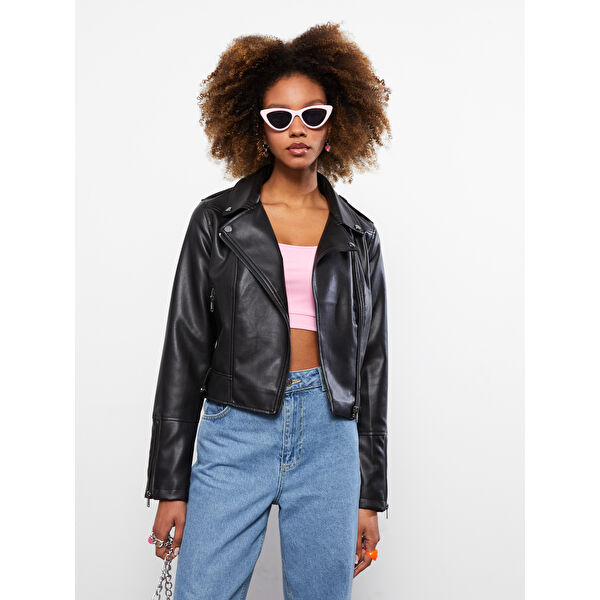 Biker Yaka Düz Uzun Kollu Kadın Deri Görünümlü Mont