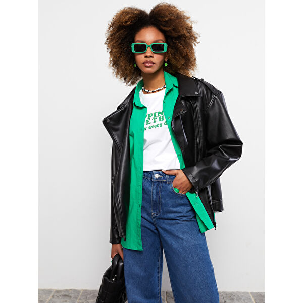 Biker Yaka Düz Uzun Kollu Kadın Deri Görünümlü Mont Biker Yaka Düz Uzun Kollu Kadın Deri Görünümlü Mont