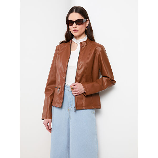 Dik Yaka Düz Uzun Kollu Kadın Deri Görünümlü Mont