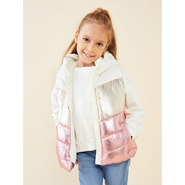 Kapüşonlu Renk Bloklu Kız Çocuk Şişme Yelek