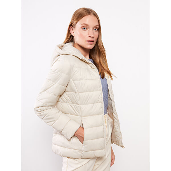 Kapüşonlu Düz Uzun Kollu Kadın Şişme Mont