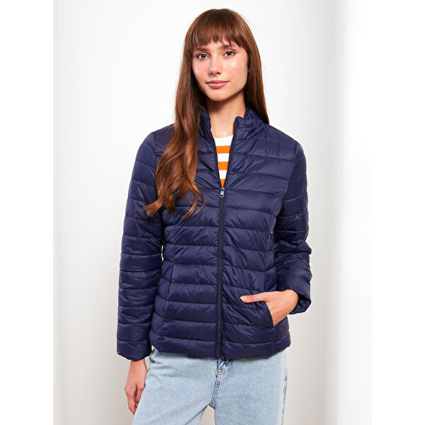 Dik Yaka Düz Uzun Kollu Kadın Şişme Mont