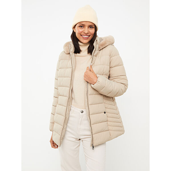 Kapüşonlu Düz Uzun Kollu Kadın Şişme Mont