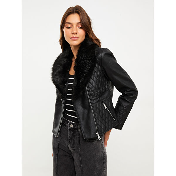 Biker Yaka Düz Uzun Kollu Kadın Deri Görünümlü Mont