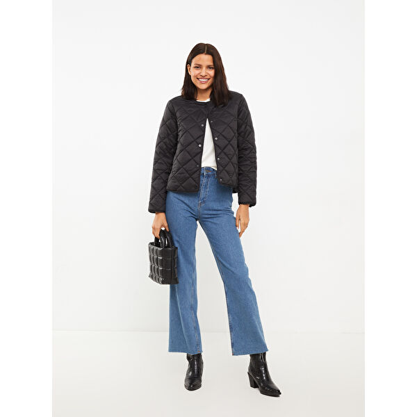 Bisiklet Yaka Kapitone Desenli Uzun Kollu Kadın Şişme Mont