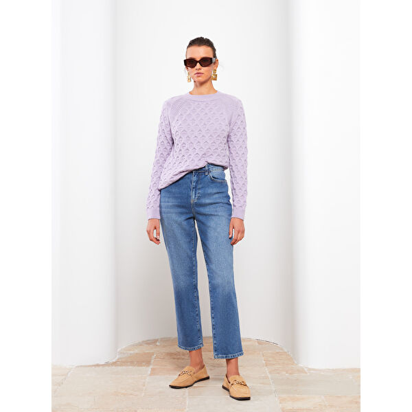 Bisiklet Yaka Kendinden Desenli Uzun Kollu Kadın Triko Kazak Bisiklet Yaka Kendinden Desenli Uzun Kollu Kadın Triko Kazak