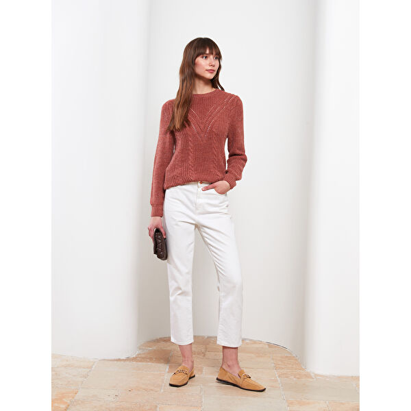 Bisiklet Yaka Kendinden Desenli Uzun Kollu Kadın Triko Kazak