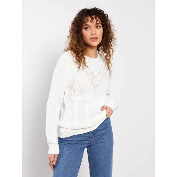 Bisiklet Yaka Kendinden Desenli Uzun Kollu Kadın Triko Kazak