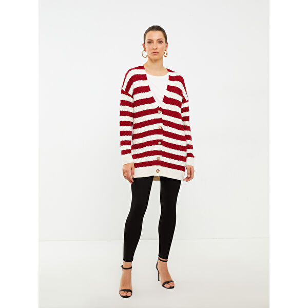 V Yaka Çizgili Uzun Kollu Kadın Triko Hırka V Yaka Çizgili Uzun Kollu Kadın Triko Hırka