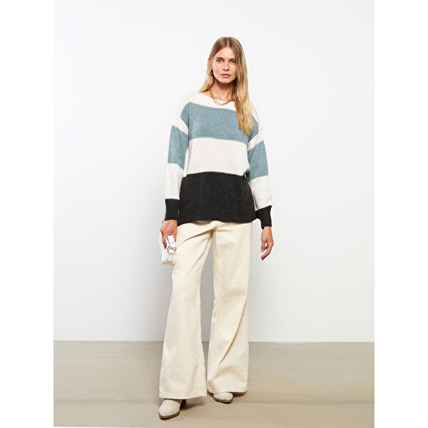 Bisiklet Yaka Renk Bloklu Uzun Kollu Kadın Triko Kazak