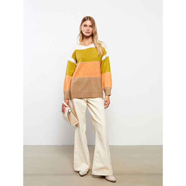 Bisiklet Yaka Renk Bloklu Uzun Kollu Kadın Triko Kazak