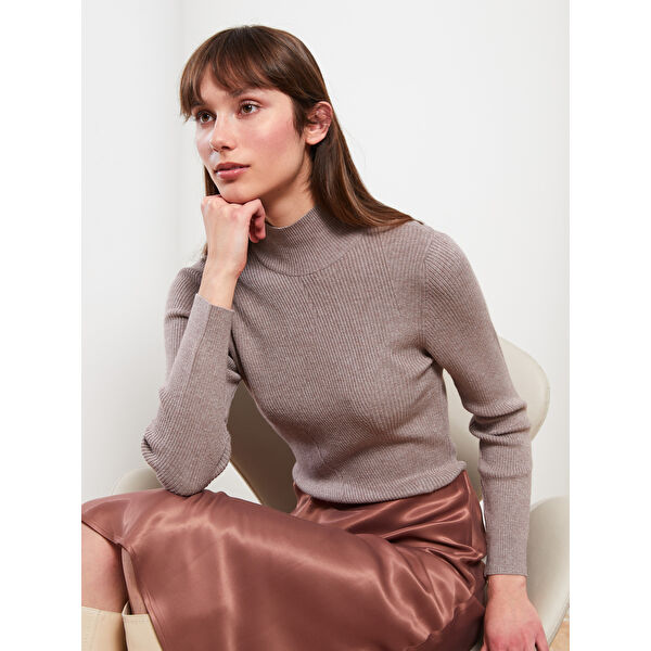 Yarım Balıkçı Yaka Düz Uzun Kollu Kadın Triko Kazak