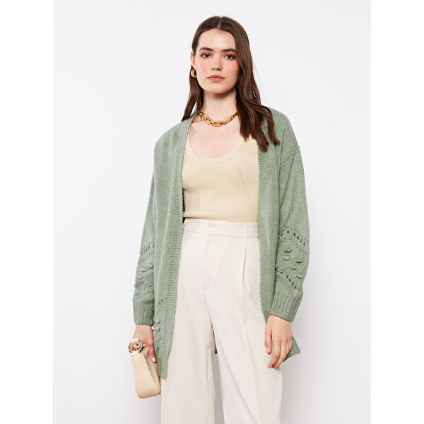 Şal Yaka Kendinden Desenli Uzun Kollu Kadın Triko Hırka