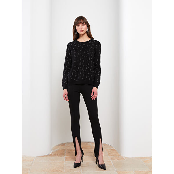 Bisiklet Yaka Desenli Uzun Kollu Kadın Triko Kazak