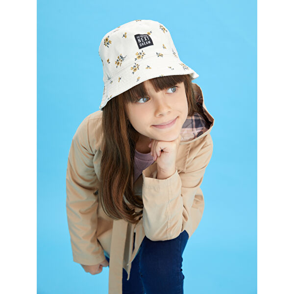 Çiçekli Etiket Nakışlı Kız Çocuk Kadife Bucket Şapka