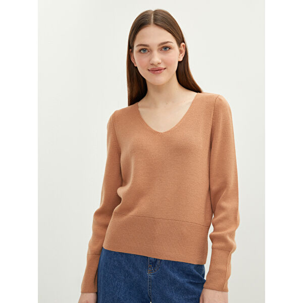 V Yaka Düz Uzun Kollu Kadın Triko Kazak