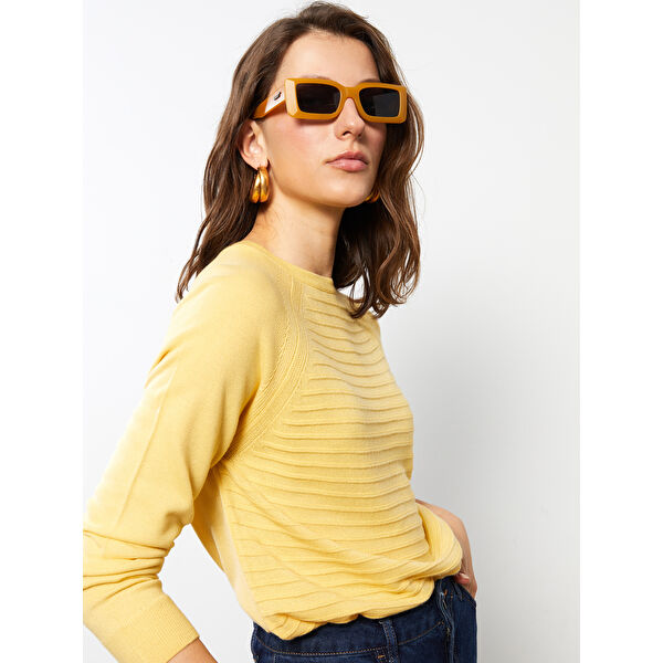 Bisiklet Yaka Kendinden Desenli Uzun Kollu Kadın Triko Kazak