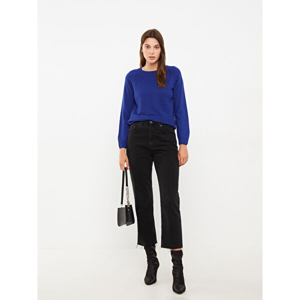 Bisiklet Yaka Kendinden Desenli Uzun Kollu Kadın Triko Kazak