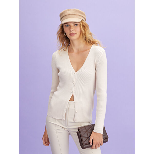 V Yaka Düz Uzun Kollu Kadın Triko Hırka