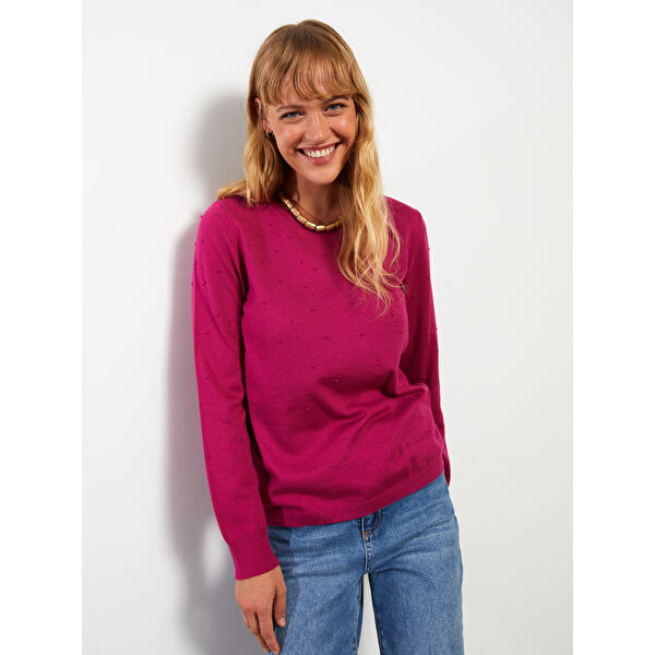 Bisiklet Yaka Kendinden Desenli Uzun Kollu Kadın Triko Kazak