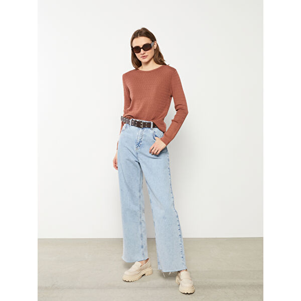 Bisiklet Yaka Kendinden Desenli Uzun Kollu Kadın Triko Kazak