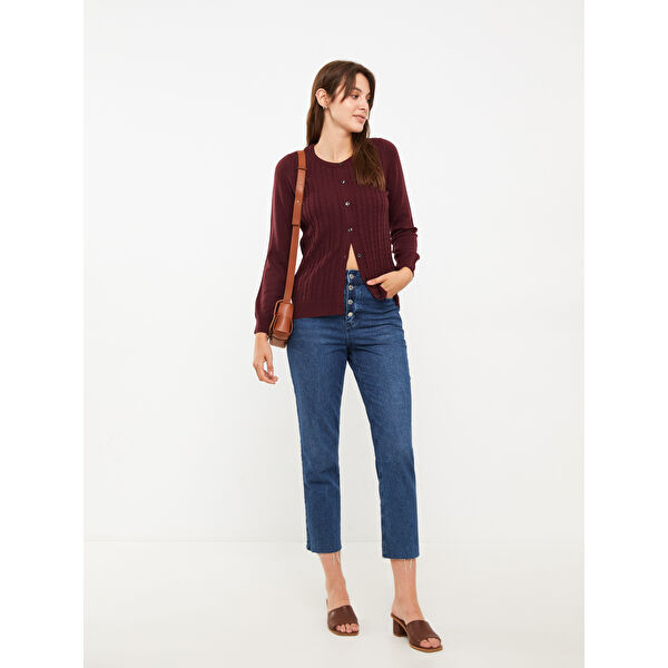 Bisiklet Yaka Kendinden Desenli Uzun Kollu Kadın Triko Hırka