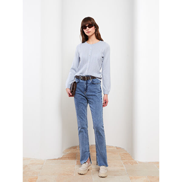 Bisiklet Yaka Kendinden Desenli Uzun Kollu Kadın Triko Hırka