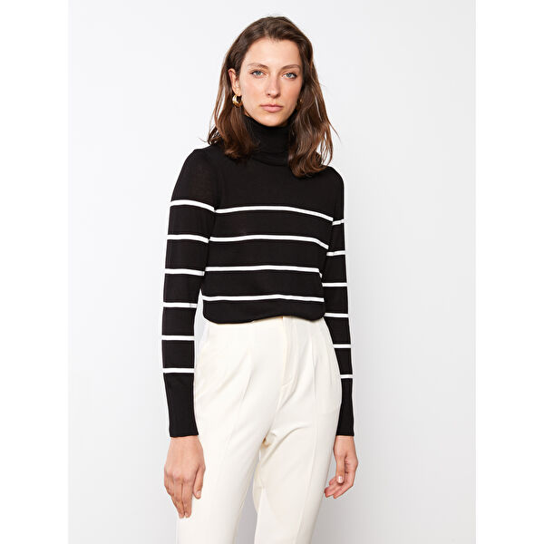 Balıkçı Yaka Çizgili Uzun Kollu Kadın Triko Kazak