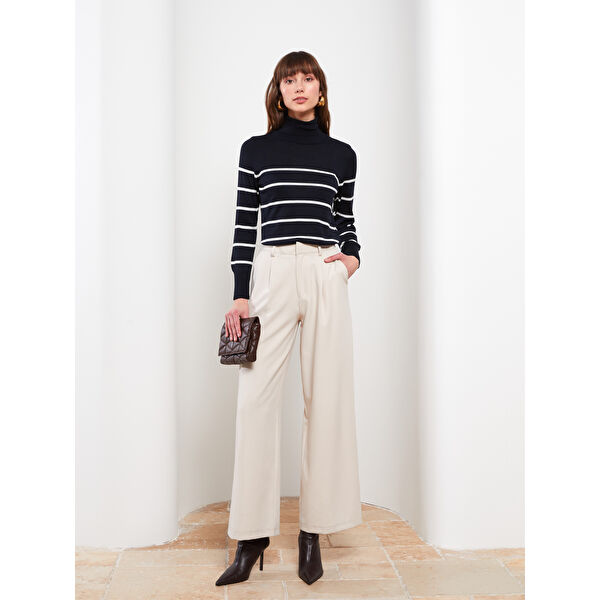 Balıkçı Yaka Çizgili Uzun Kollu Kadın Triko Kazak