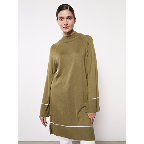 Yarım Balıkçı Yaka Düz Uzun Kollu Kadın Triko Tunik