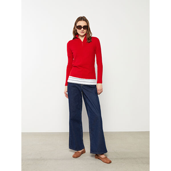 Yarım Balıkçı Yaka Kendinden Desenli Uzun Kollu Kadın Triko Kazak Yarım Balıkçı Yaka Kendinden Desenli Uzun Kollu Kadın Triko Kazak