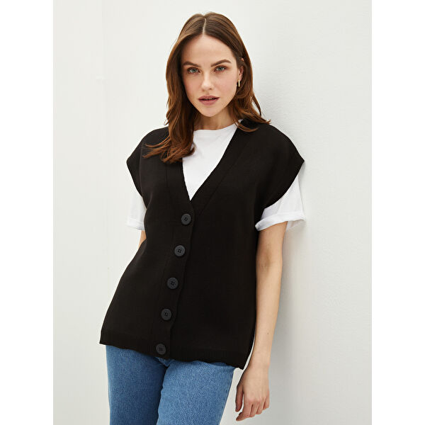 V Yaka Düz Kadın Triko Yelek