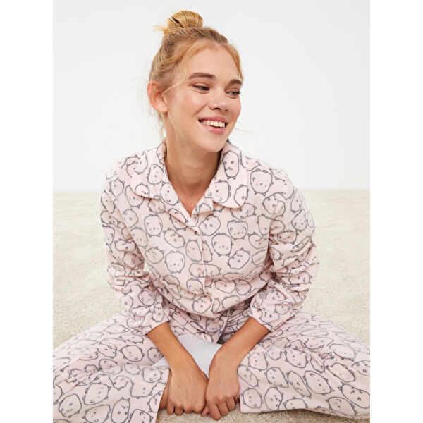 Gömlek Yaka Desenli Uzun Kollu Polar Kadın Pijama Takımı Gömlek Yaka Desenli Uzun Kollu Polar Kadın Pijama Takımı