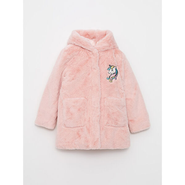 Kapüşonlu Nakışlı Kız Çocuk Kaban