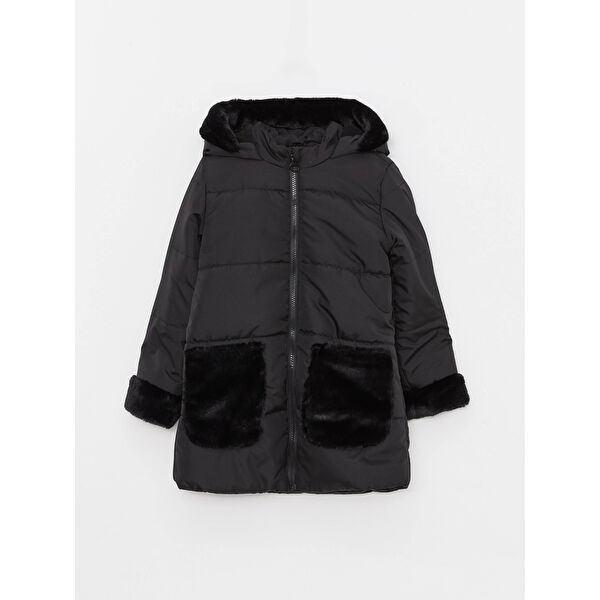 Kapüşonlu Baskılı Kız Çocuk Mont