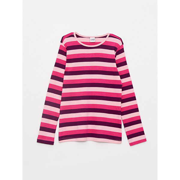 Bisiklet Yaka Çizgili Uzun Kollu Pamuklu Kız Çocuk Tişört