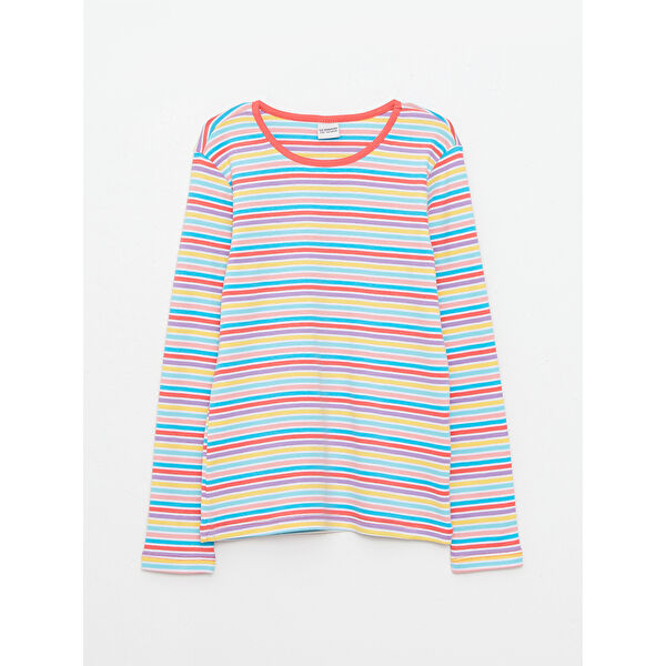 Bisiklet Yaka Çizgili Uzun Kollu Pamuklu Kız Çocuk Tişört