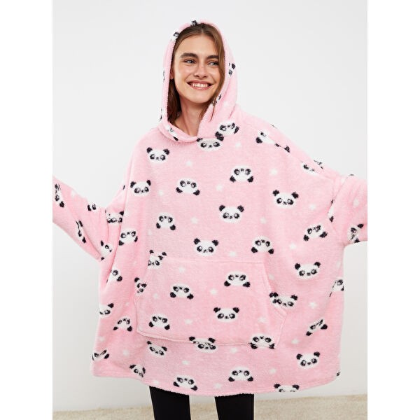 Kapüşonlu Desenli Uzun Kollu Kadın Pijama Üstü