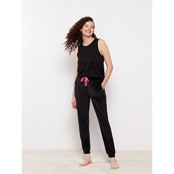 Beli Lastikli Düz Kadife Kadın Jogger Pijama Alt Beli Lastikli Düz Kadife Kadın Jogger Pijama Alt