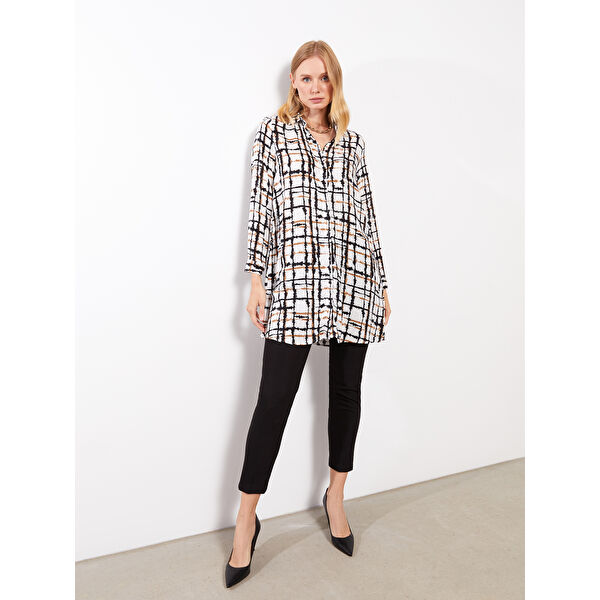 Gömlek Yaka Desenli Uzun Kollu Viskon Kadın Tunik