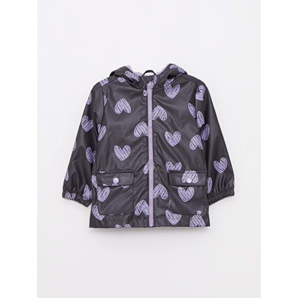 Kapüşonlu Uzun Kollu Baskılı Kız Bebek Mont