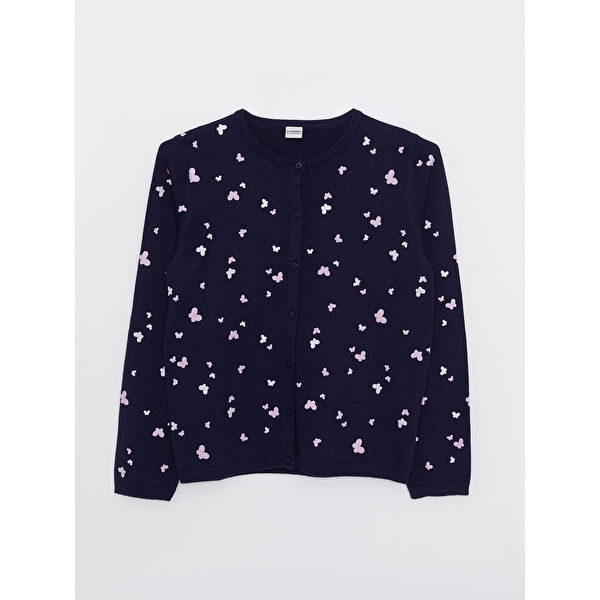 Bisiklet Yaka Baskılı Uzun Kollu Kız Çocuk Triko Hırka