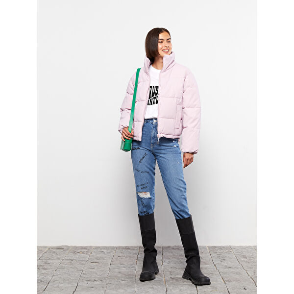 Dik Yaka Düz Uzun Kollu Kadın Şişme Mont