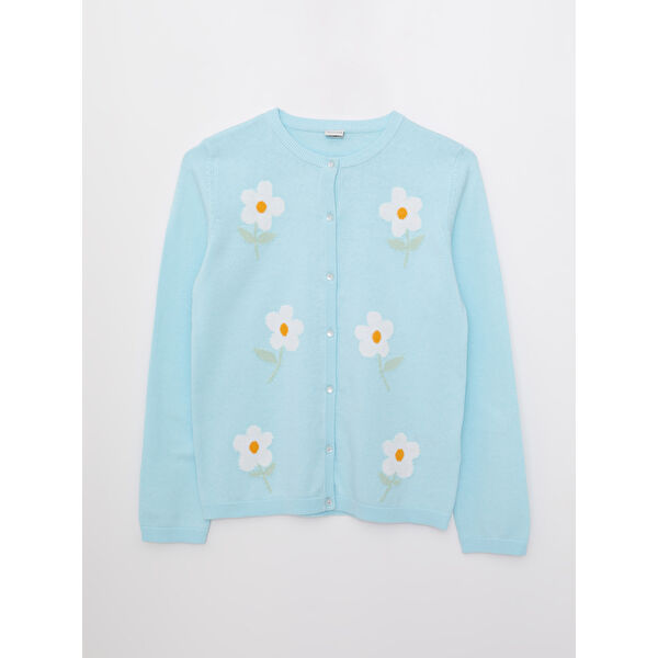 Bisiklet Yaka Desenli Uzun Kollu Kız Çocuk Triko Hırka