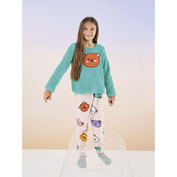 Bisiklet Yaka Nakışlı Uzun Kollu Polar Kız Çocuk Pijama Takımı