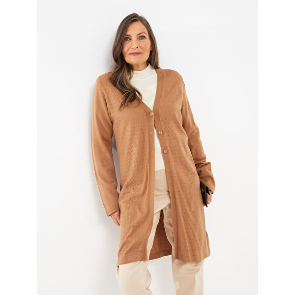 V Yaka Düz Uzun Kollu Kadın Triko Hırka