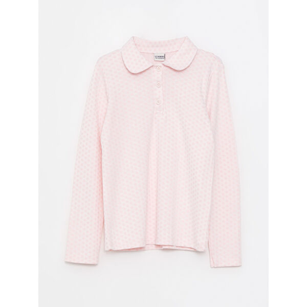 Polo Yaka Kendinden Desenli Uzun Kollu Kız Çocuk Tişört