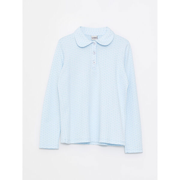 Polo Yaka Kendinden Desenli Uzun Kollu Kız Çocuk Tişört